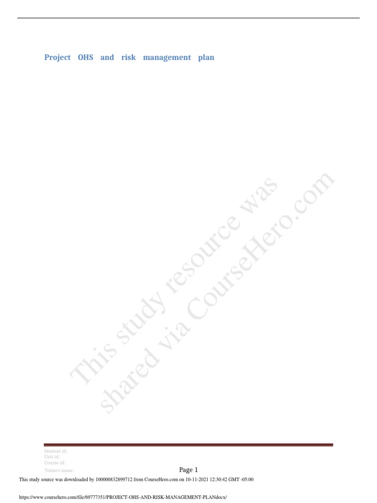 This Study Resource Was: Project OHS and Risk Management Plan | PDF ...