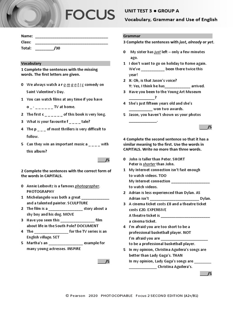 Focus2 2E Unit Test Vocabulary Grammar UoE Unit3 GroupA | PDF