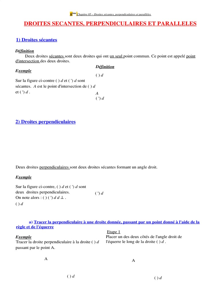 Droites : Sécantes, Perpendiculaires, Parallèles | PDF | Mathématiques ...