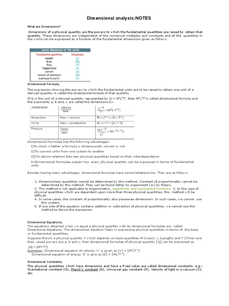 Dimensional Analysis Notes | PDF | Classical Mechanics | Physics