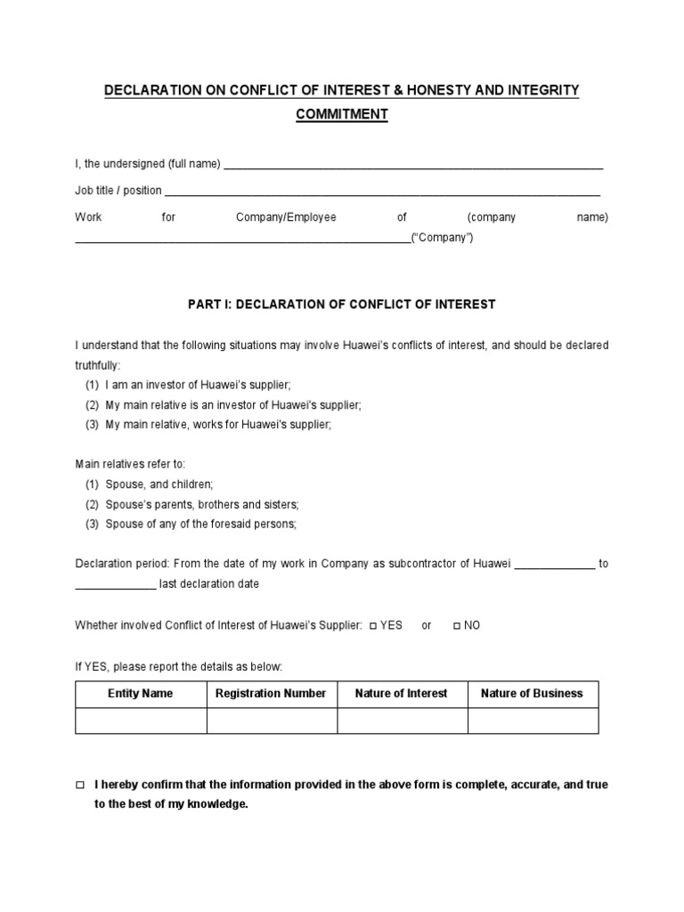 Conflict of Interest Declaration Form | PDF | Conflict Of Interest ...