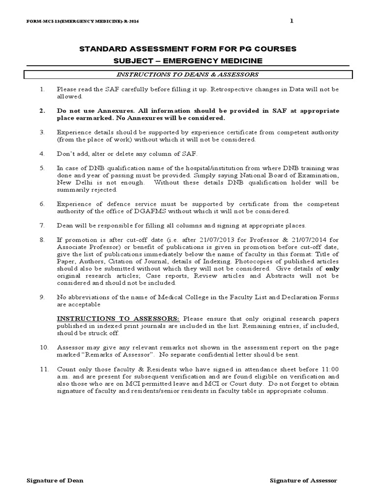 Standard Assessment Form For PG Courses Subject - Emergency Medicine ...