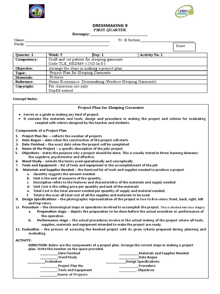 Dressmaking 9: Project Plan For Sleeping Garments | PDF | Sewing ...