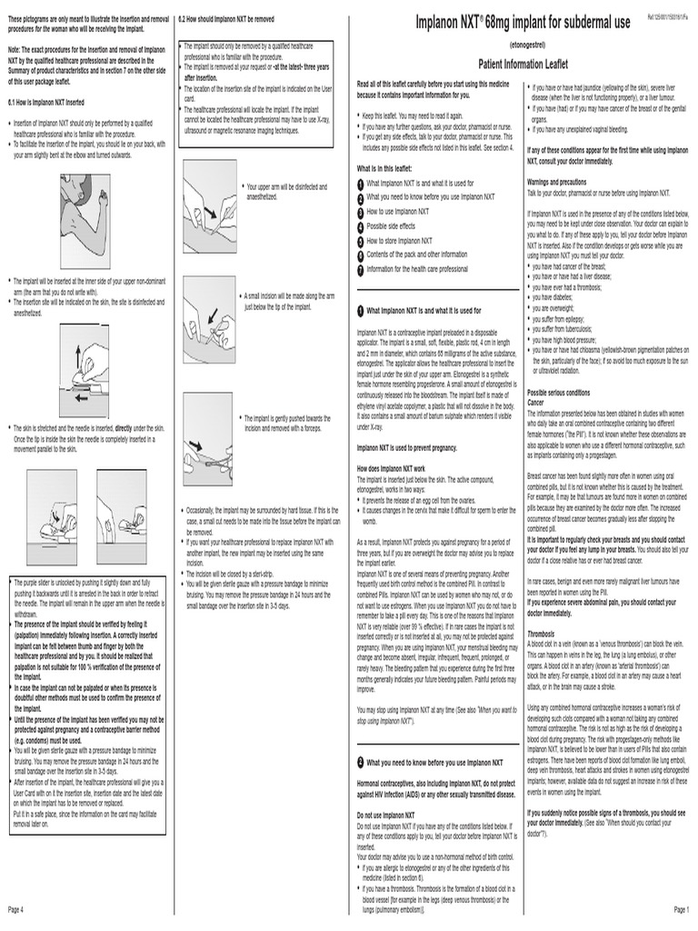 Patient Information Leaflet: (Etonogestrel) | PDF | Birth Control | Vein