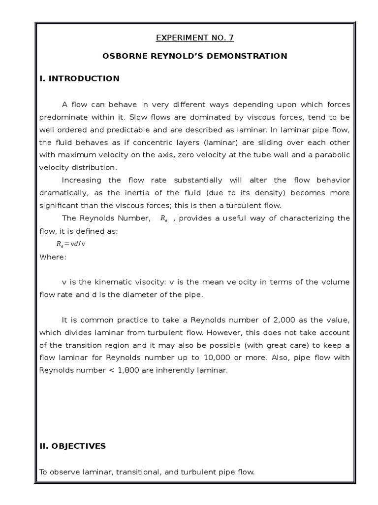 Osborne Reynold'S Demonstration: Experiment No. 7 | PDF | Reynolds ...