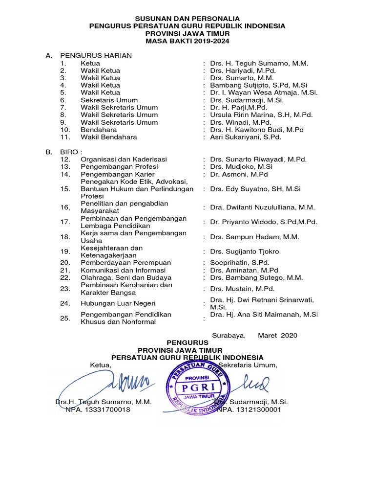 Daftar Pengurus Pgri Prov. Jatim | PDF