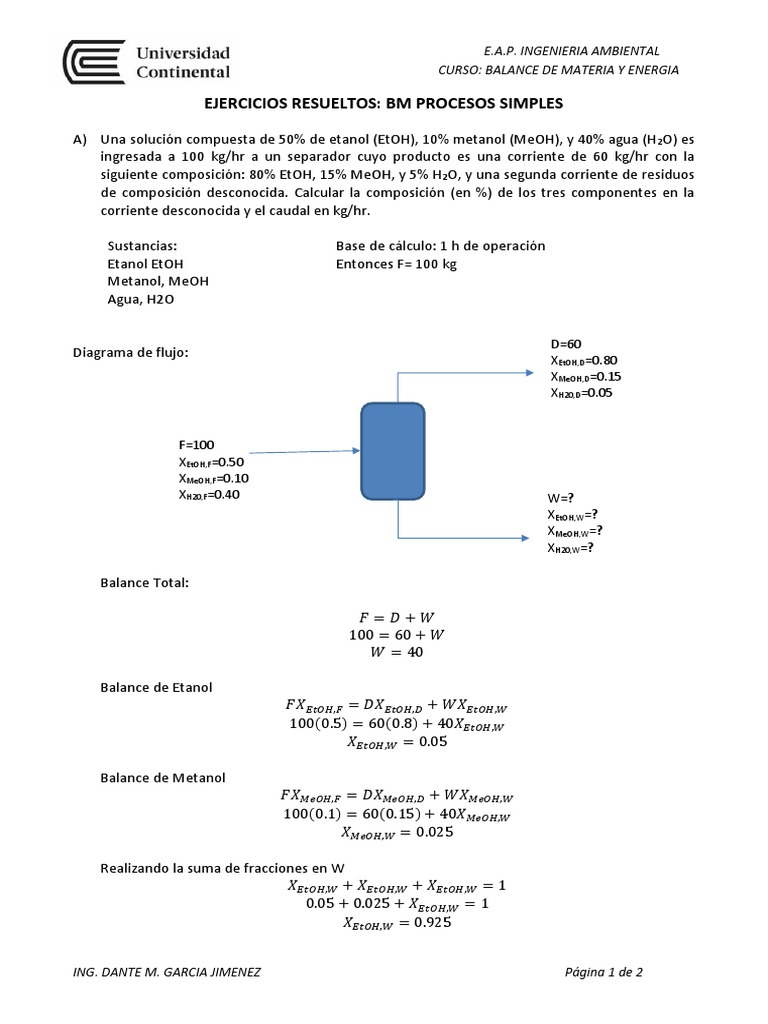 Ejercicios resueltos de balance de materia para procesos simples de separación de mezclas ...