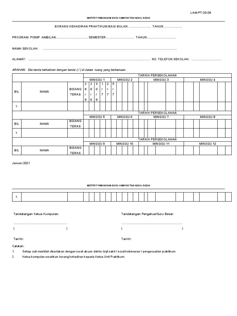 4.borang Kehadiran LAM-PT03-09 | PDF