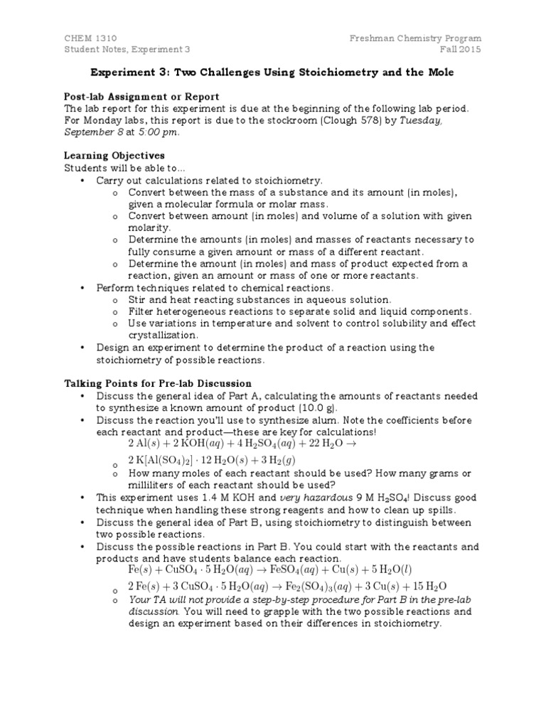 Experiment 03 Student Notes | PDF | Stoichiometry | Mole (Unit)