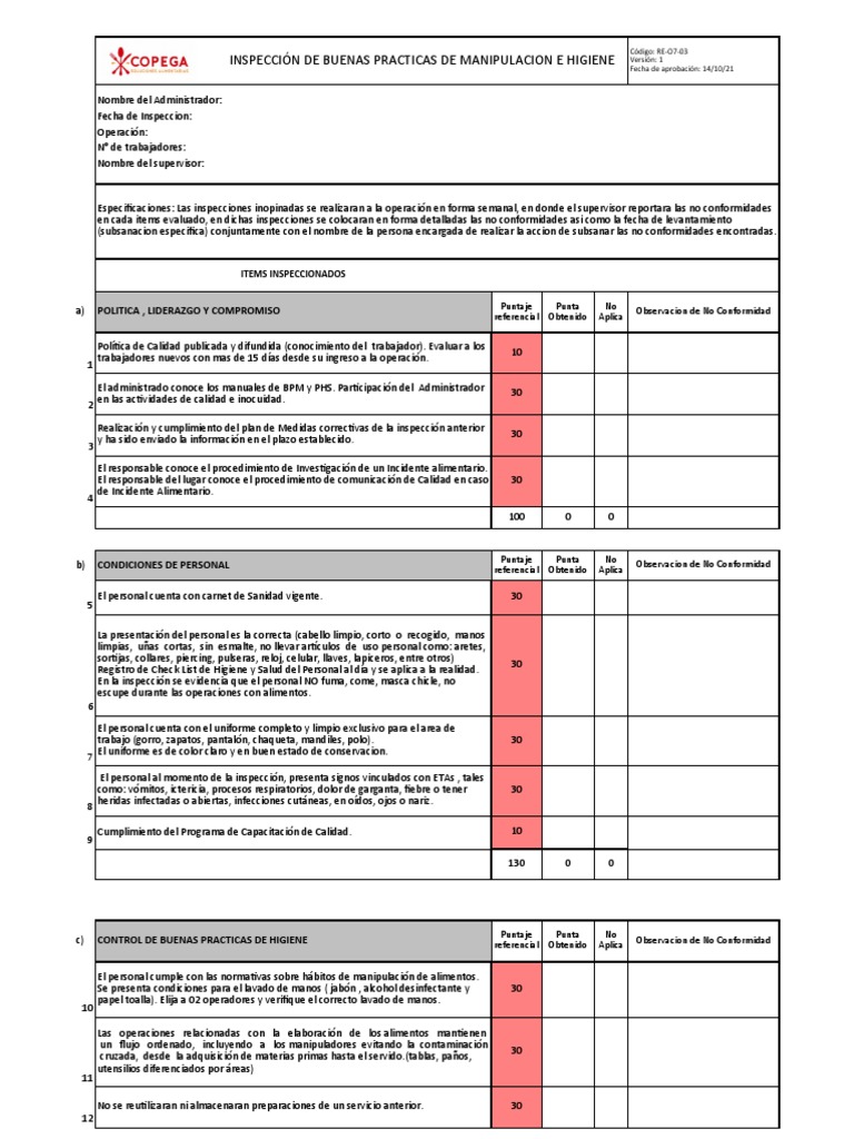Registro de Inspeccion de BPM - Comedor | PDF | Alimentos | Lavado de manos