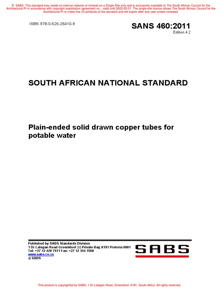 SANS 460 Plain-Ended Solid Drawn Copper Tubes For Potable Water | PDF ...