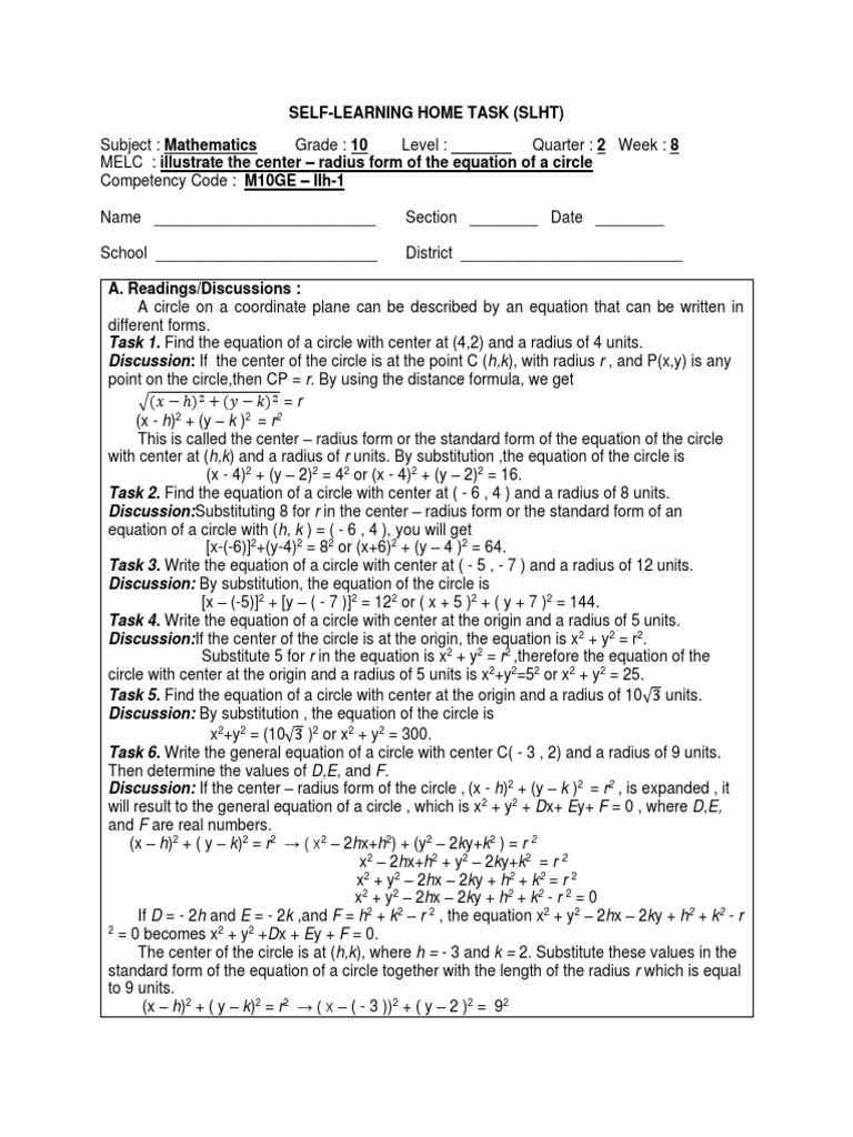 Self-Learning Home Task (SLHT) - Radius Form of The Equation of A ...