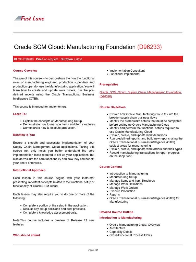 Oracle SCM Cloud: Manufacturing Foundation: ID OR-D96233 Price On ...