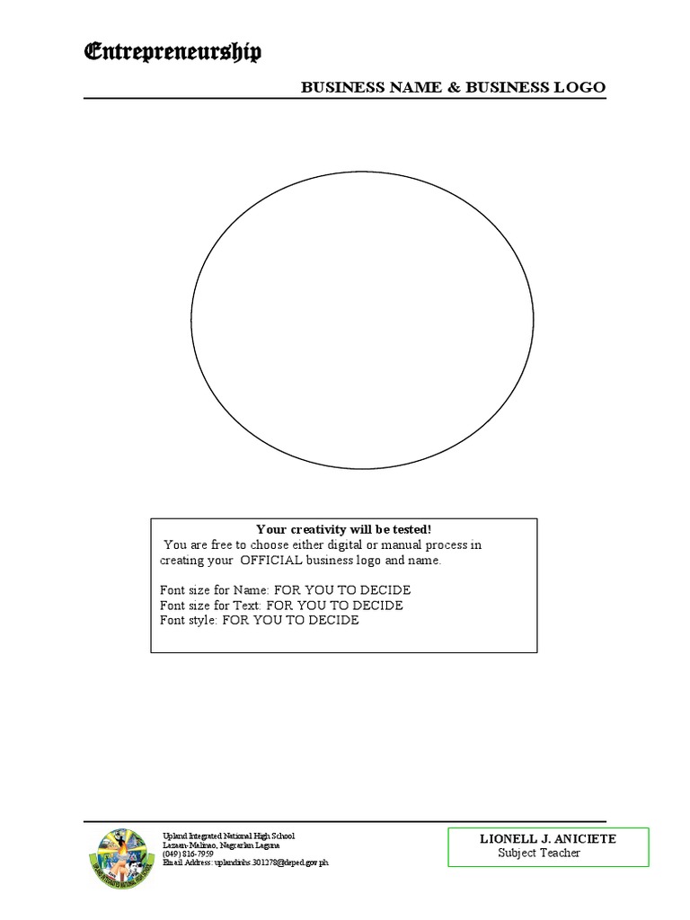 Entrepreneurship 12 Standard Activity Sheet (Business Name & Logo) | PDF