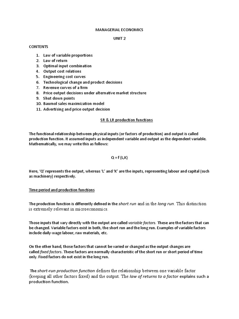 Managerial Economics Unit 2 | PDF | Monopoly | Production Function