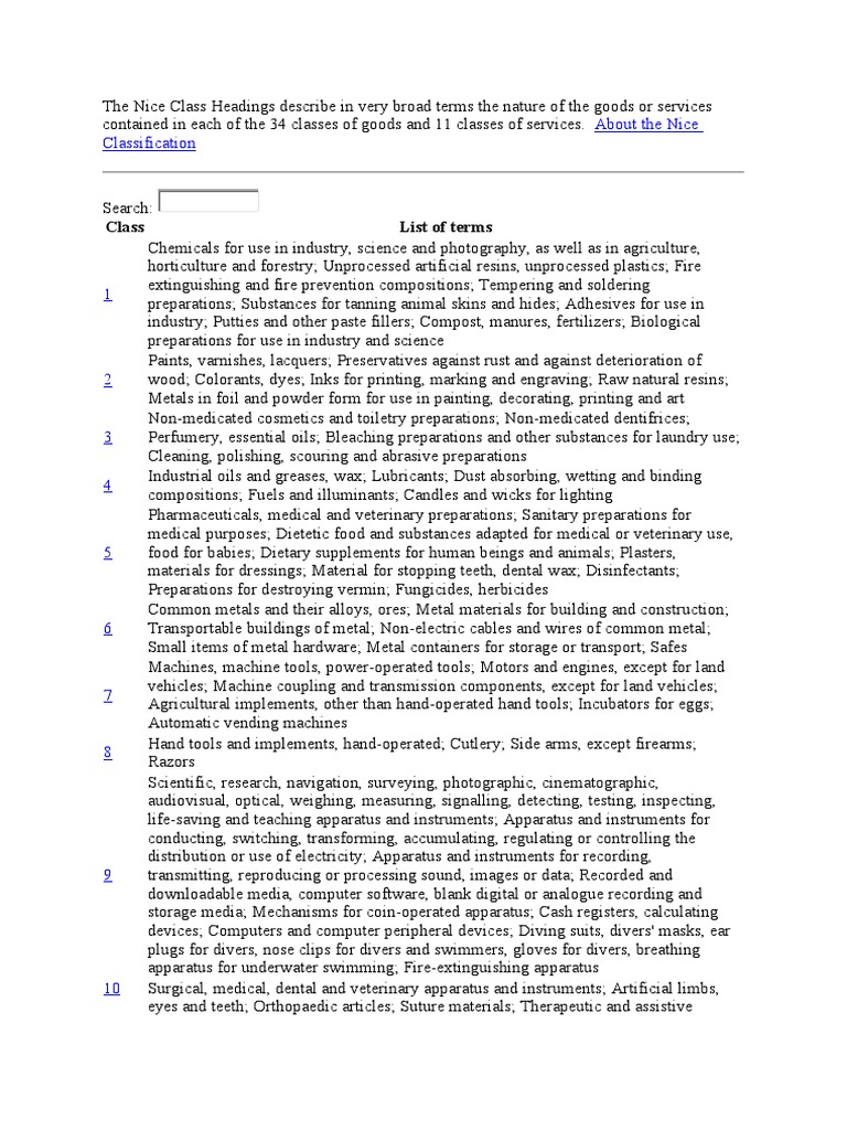 About The Nice Classification: Class List of Terms | PDF | Drink | Machines
