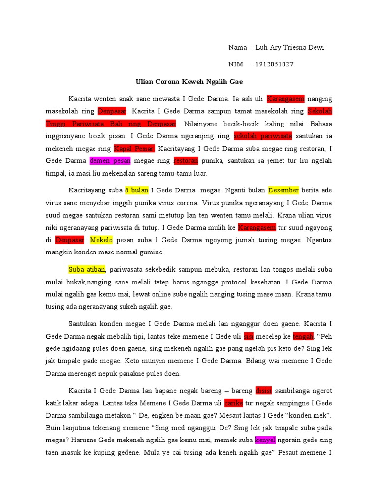 Luh Ary Triesna Dewi - Cerpen Ulian Corona Keweh Ngalih Gae | PDF