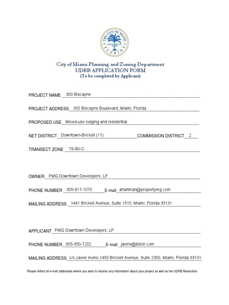 City of Miami Planning and Zoning Department Udrb Application Form | PDF