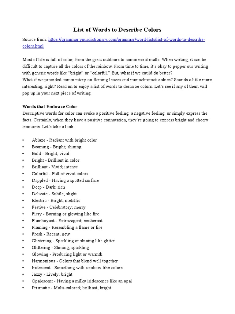List of Words To Describe Colors | PDF | Color | Electromagnetic Radiation