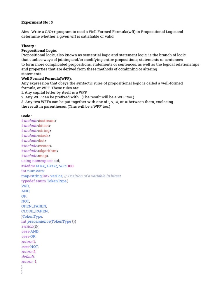 Experiment No: 5 Aim: Write A C/C++ Program To Read A Well Formed Formula (WFF) in Propositional ...