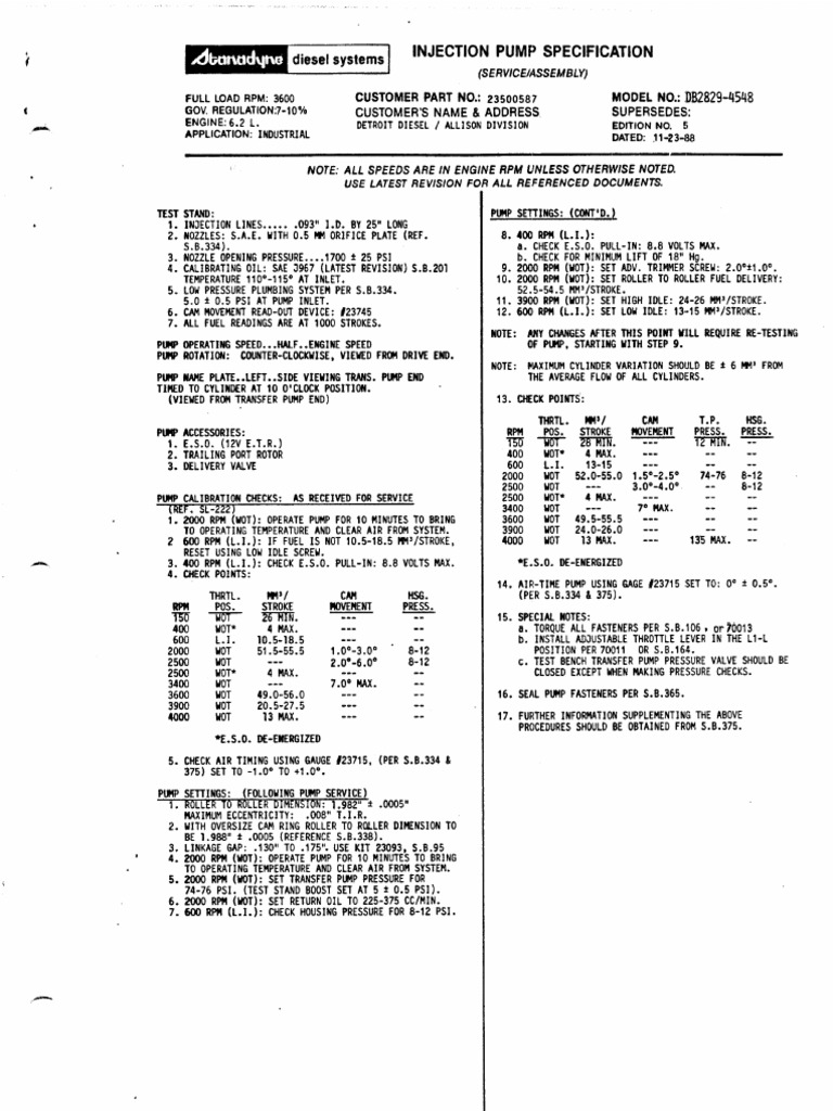 Injection Pump Specification: CUSTOMER PART NO.: 23500587 Customer'S Name & Address. Model No ...