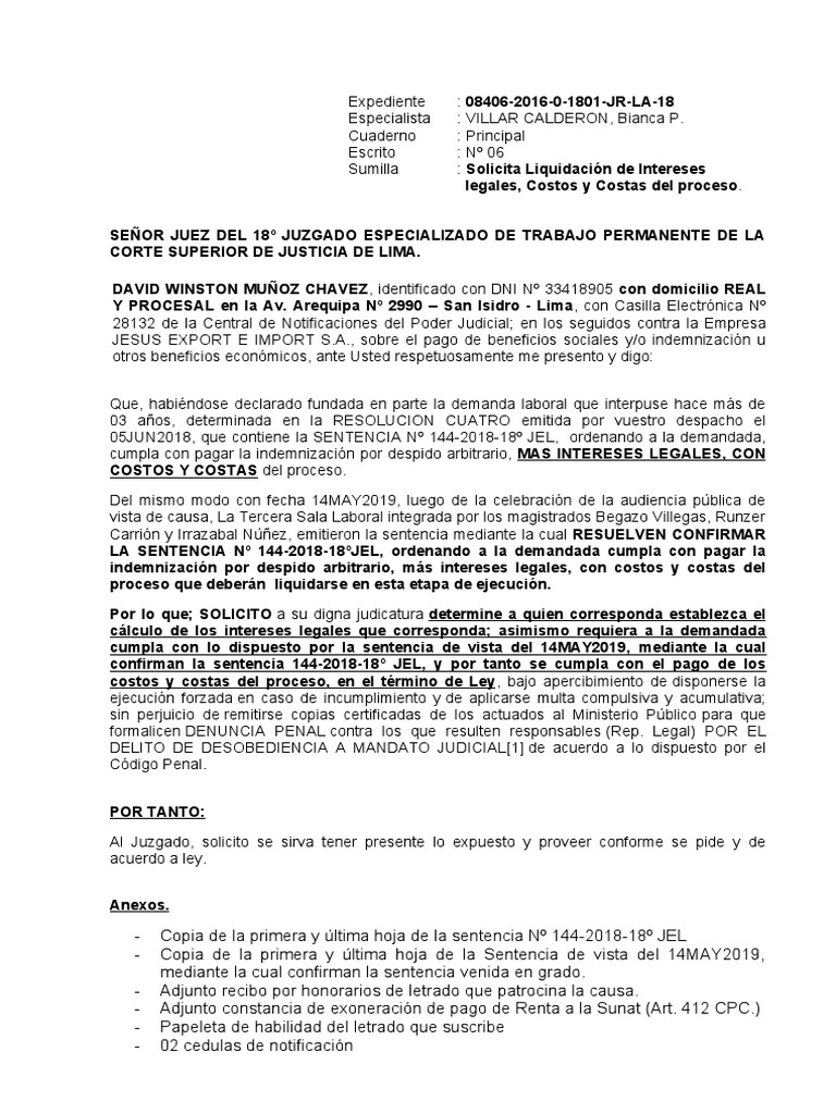 Escrito de Ejecucion de Sentencia - LAboral | PDF | Sentencia (ley) | Caso de ley