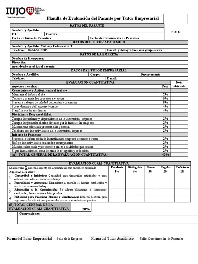 Planilla Evaluación Tutor Empresarial | PDF | Evaluación | Cognición