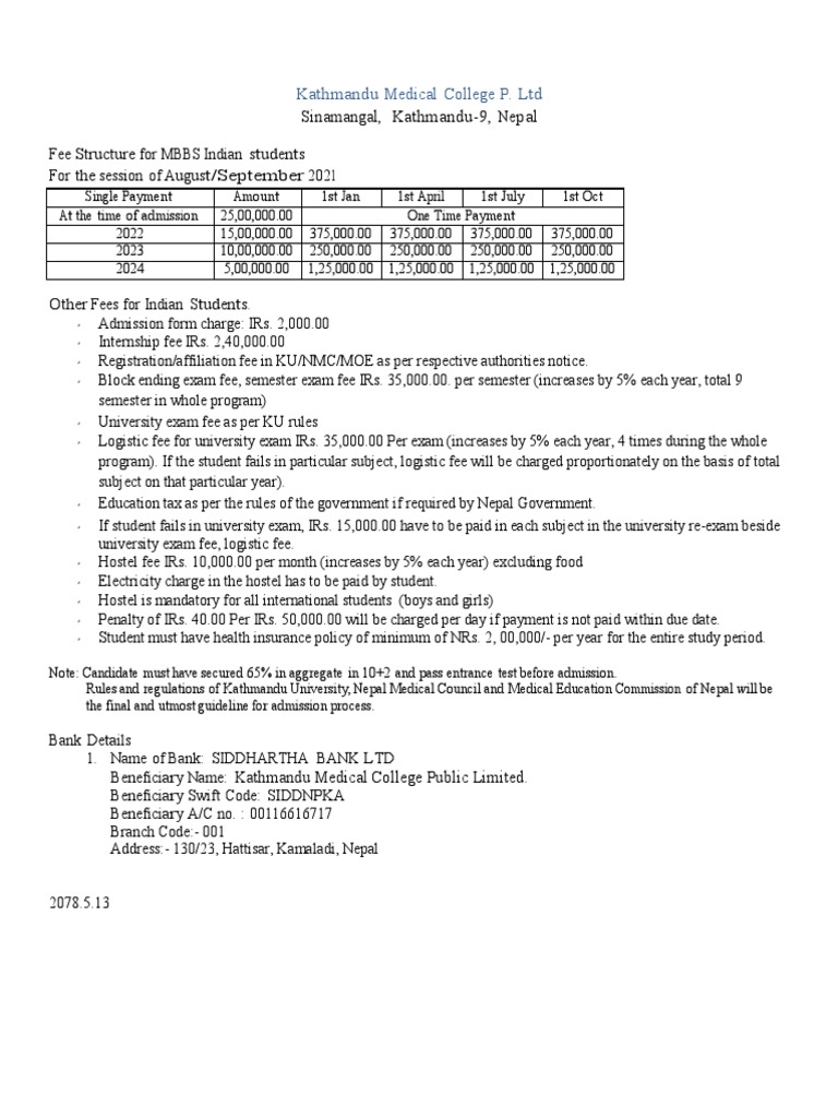 KMC Fee Structure 2078.05.13 Final | PDF | Fee | Payments