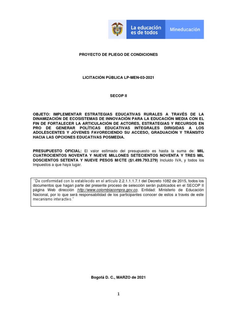 Proyecto de Pliego de Condiciones. Lp-Men-03-2021 | PDF