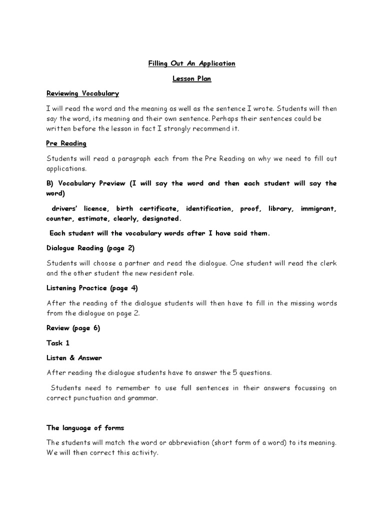 Lesson Plan: Filling Out Applications | PDF | Career & Growth ...