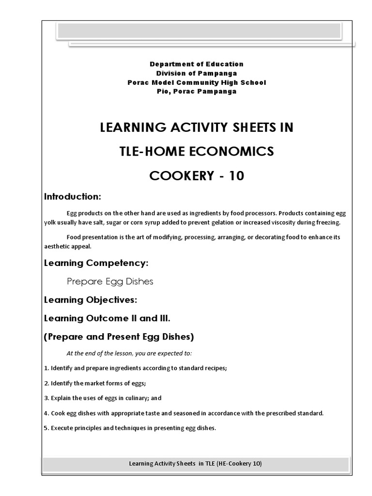 Learning Activity Sheets in Tle-Home Economics Cookery - 10: Prepare ...