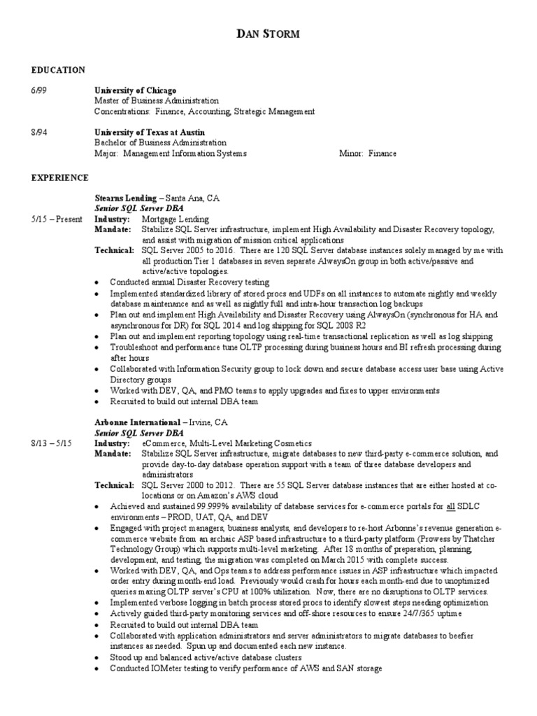 Senior SQL Server DBA: AN Torm | PDF | Databases | Microsoft Sql Server