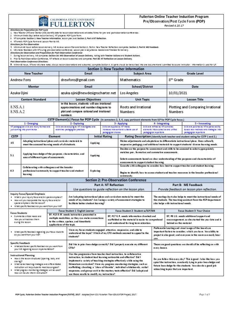 POP Cycle Observation Guidelines | PDF | Pedagogy | Lesson Plan