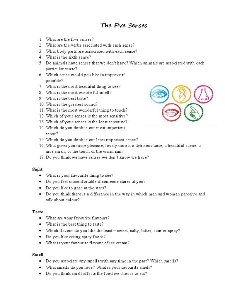 The Five Senses Conversation Topics Dialogs - 76877 | PDF | Senses | Taste
