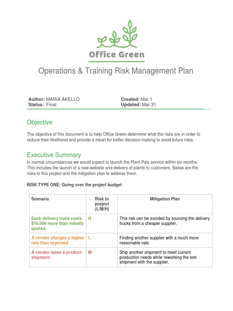 Operations & Training Risk Management Plan | PDF | Risk | Risk Management