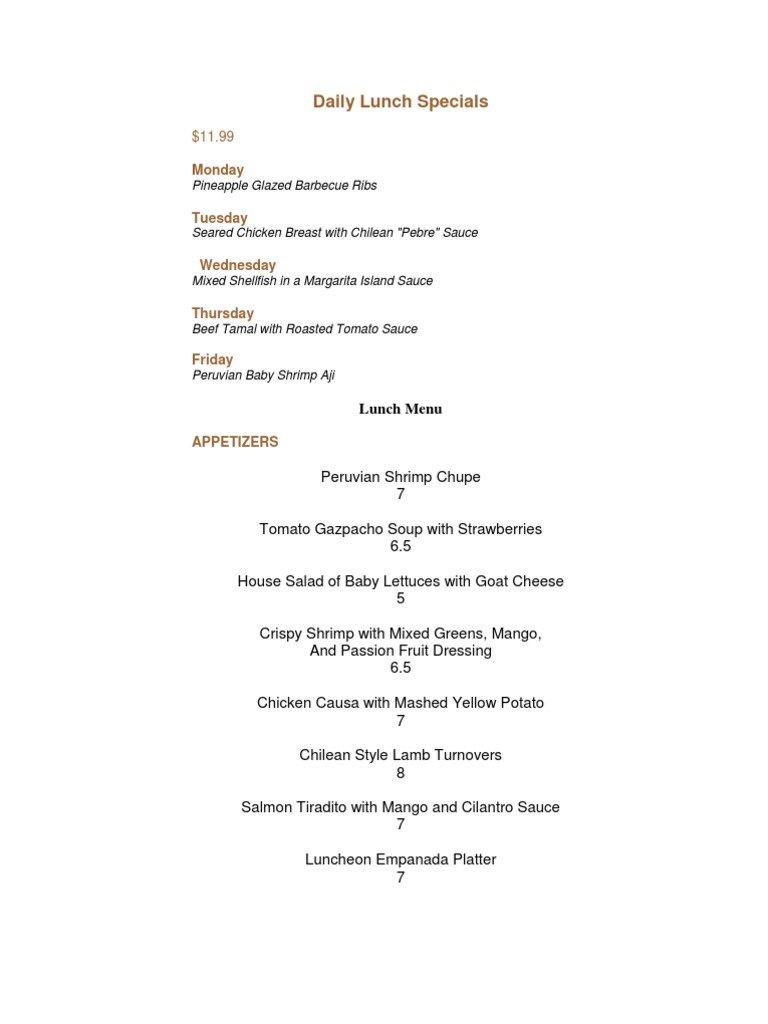 Pan Chancho Lunch Specials Menu | PDF