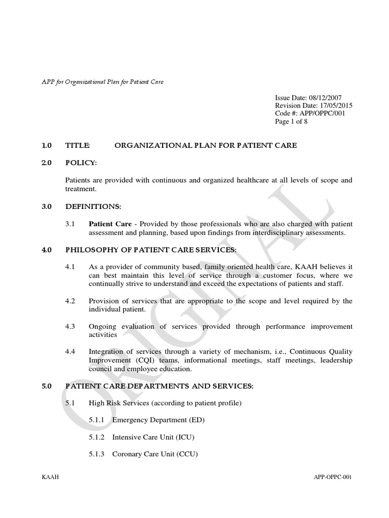 001 Organizational Plan For Patient Care | PDF | Health Care | Patient