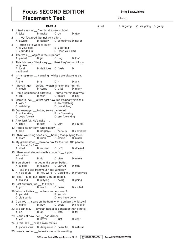 Focus Second Edition Placement Test: Part A | PDF