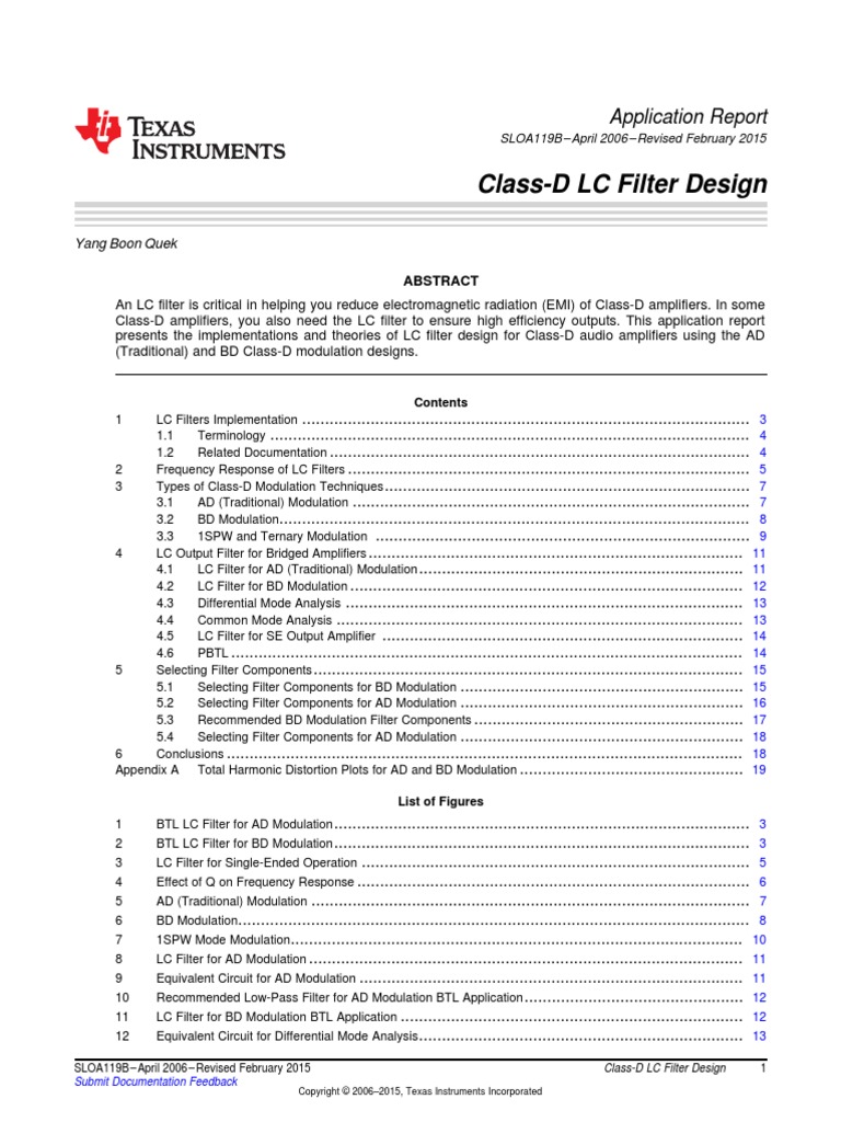 Class-D LC Filter Design: Application Report | PDF | Electronic Filter ...