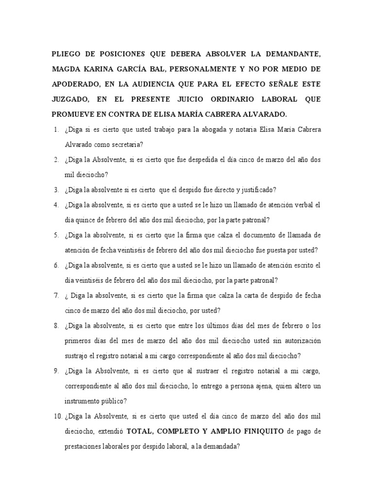 Pliego de Posiciones Que Debera Absolver La Demandante | PDF Pliego de Posiciones Que Debera Absolver La Demandante | PDF