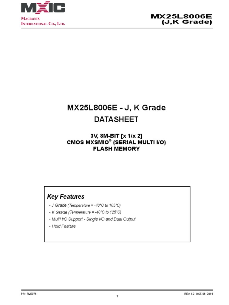 MX25L8006E, 3V, 8Mb, v1.2 | PDF | Input/Output | Flash Memory