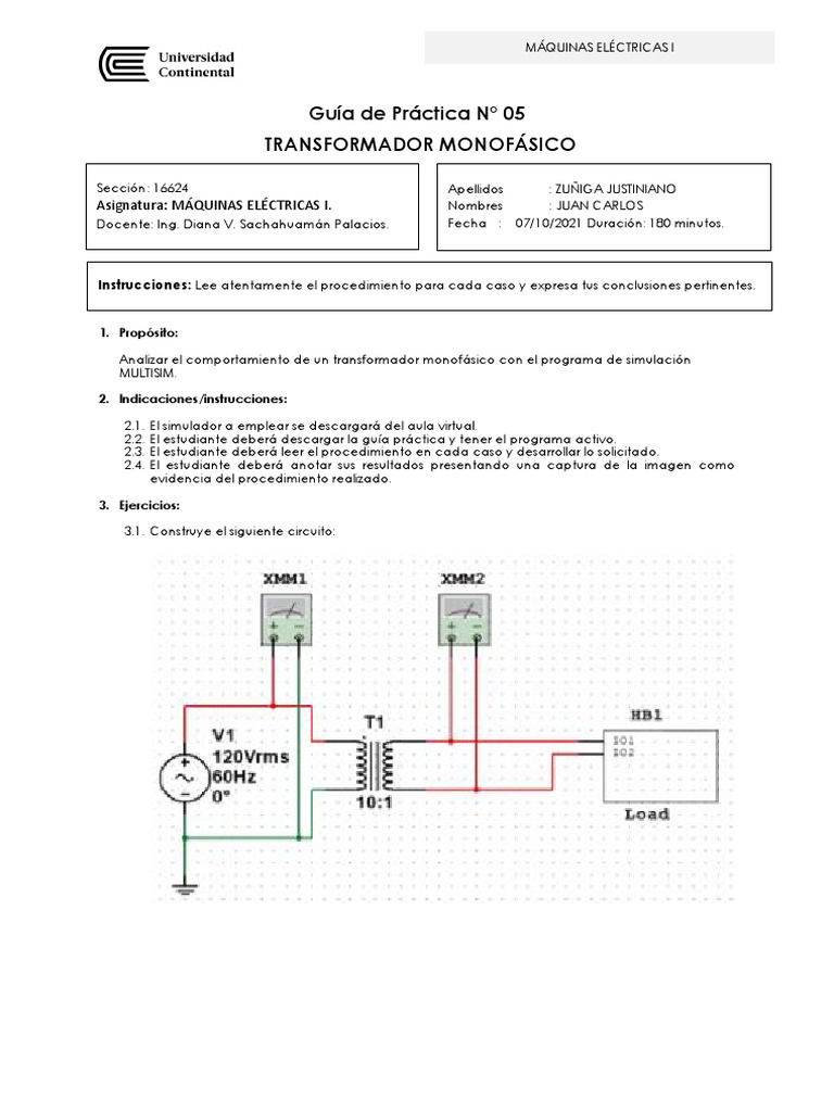 Guia Practica Sem5 Zuñiga Justiniano Juan Carlos | PDF | Transformador | Corriente eléctrica