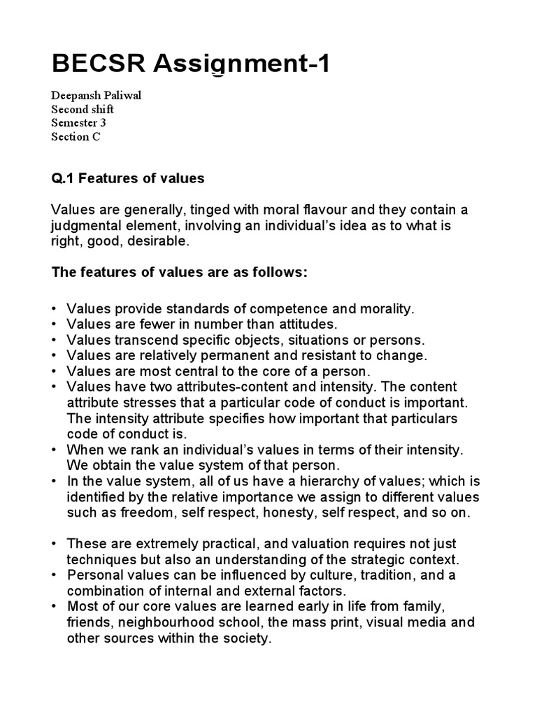 BECSR Assignment-1: Q.1 Features of Values | PDF | Value (Ethics) | Cognition