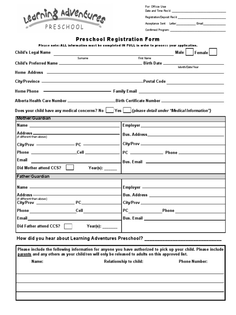 Sample Preschool Registration Form | PDF | Preschool | Social Institutions