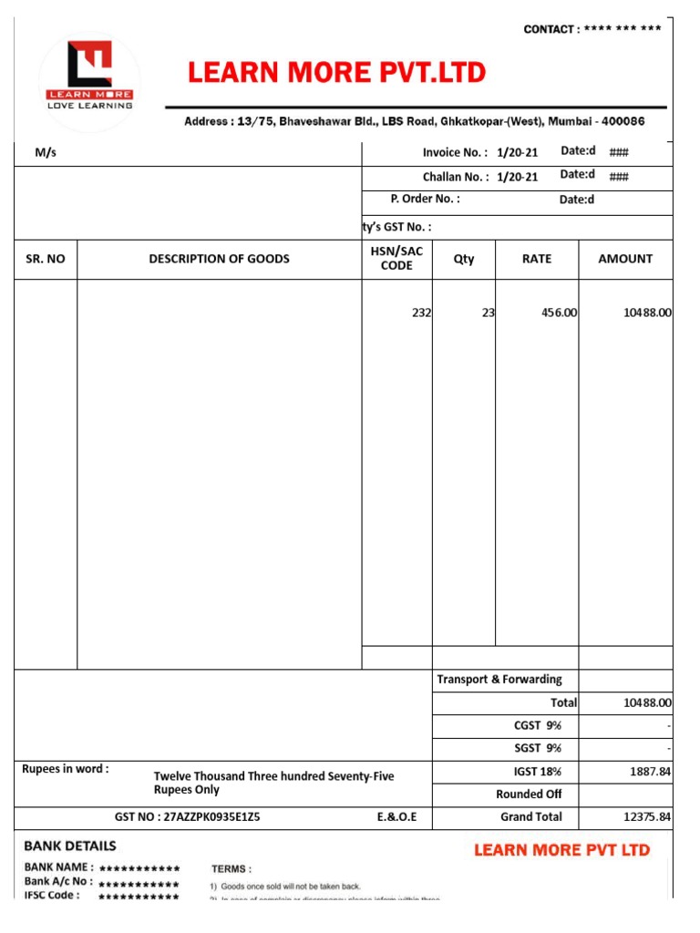Sr. No Description of Goods Qty Rate Amount Hsn/Sac Code | Download ...