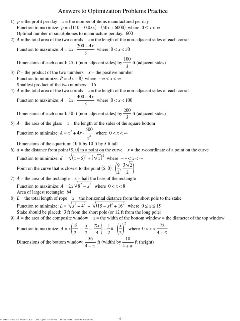 AP CALCULUS - Optimization Problems Solutions | PDF | Area ...