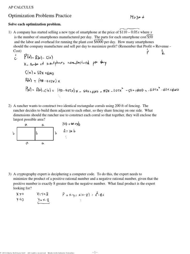 AP CALCULUS - Optimization Problems Practice | PDF | Area | Rectangle