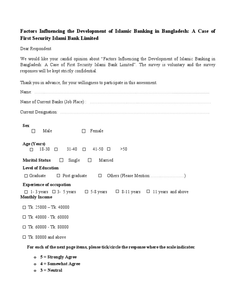Questionnaire - First Security Islami Bank Limited | Download Free PDF ...