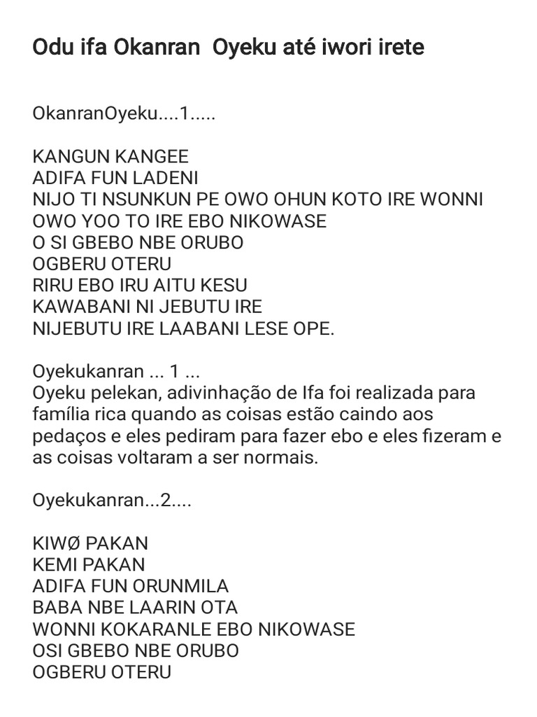 Odu Ifá: Okanran e Oyeku | PDF | Comportamento e experiência religiosa ...