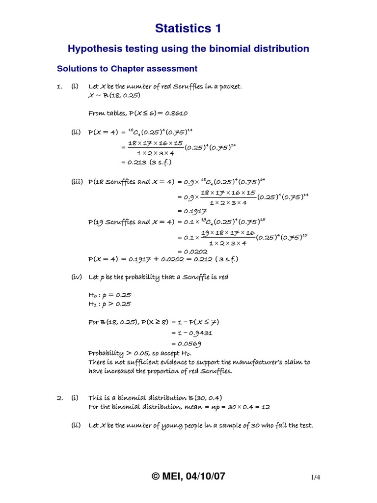 Statistics 1: Hypothesis Testing Using The Binomial Distribution | PDF ...